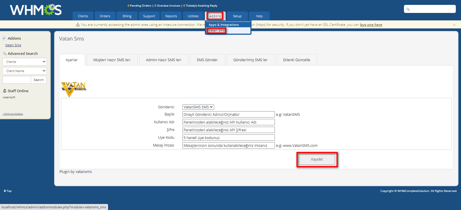 Whmcs Sms Modülü | Whmcs Sms Gönderme - VatanSMS